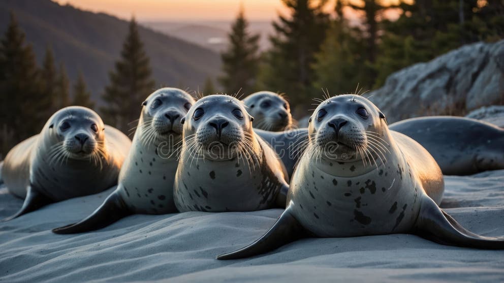 Adorable Harbor Seals Bask in Golden Sunset on Sandy Beach Stock ...