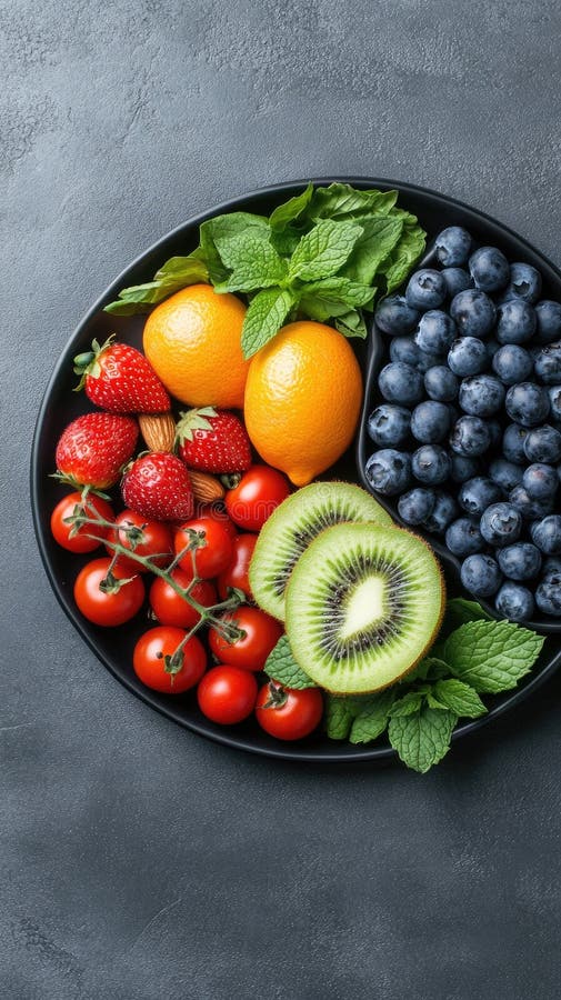 Five-sectioned Plate Displays a Vibrant Selection of Fruits, Vegetables ...