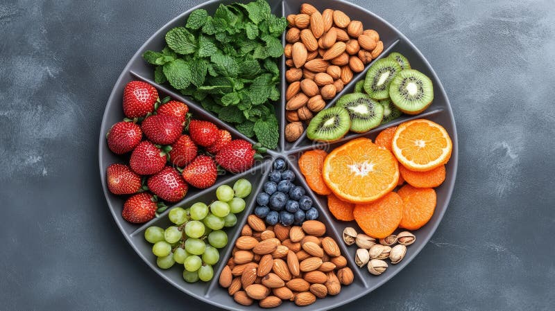 Five-sectioned Plate Displays a Vibrant Selection of Fruits, Vegetables ...
