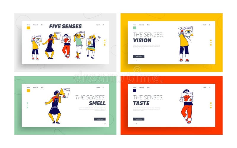 Five Senses Human Perception Landing Page Template Set. Characters Hold ... Five Senses Human Perception Landing Page Template Set. Characters Hold ...