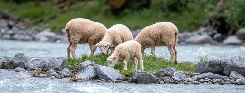 Five Sheep are Grazing Peacefully Along the Banks of a Stream ...