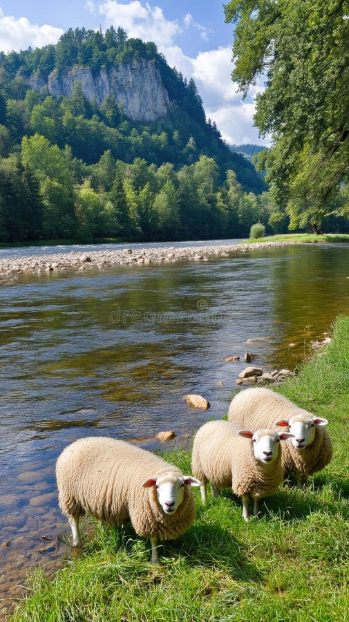 Five Sheep are Grazing Peacefully Along the Banks of a Stream ...
