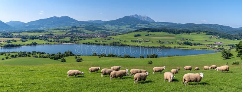 Five Sheep are Grazing Peacefully Along the Banks of a Stream ...