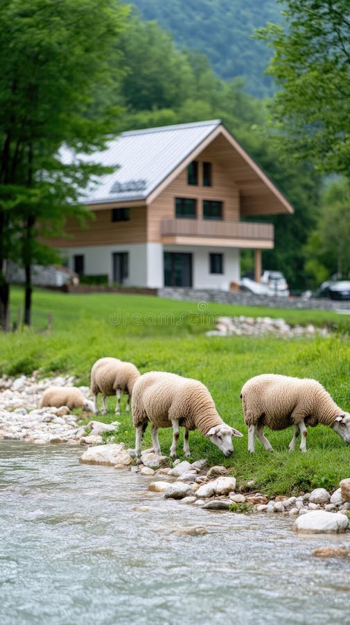 Five Sheep are Grazing Peacefully Along the Banks of a Stream ...