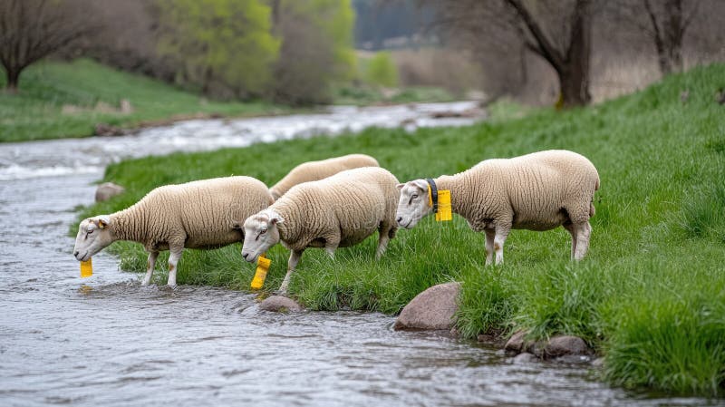 Five Sheep are Grazing Peacefully Along the Banks of a Stream Surrounded by Mountains and ...