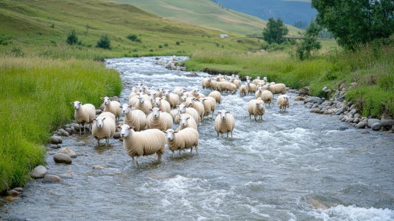 Five Sheep are Grazing Peacefully Along the Banks of a Stream ...