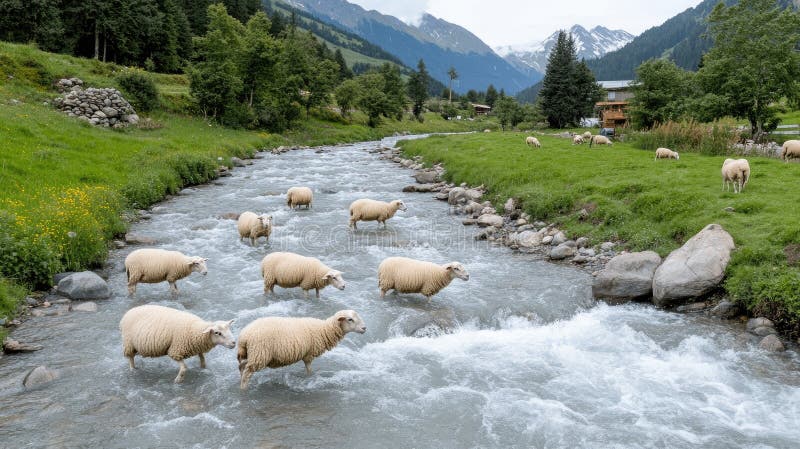 Five Sheep are Grazing Peacefully Along the Banks of a Stream ...