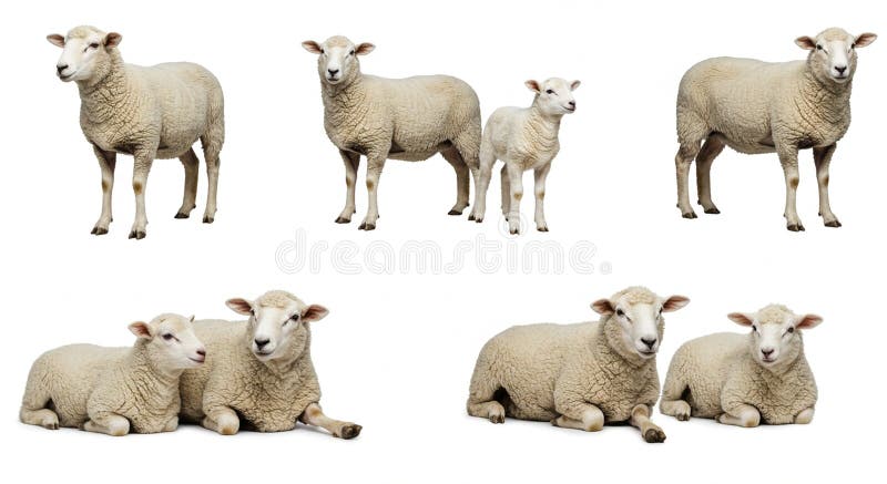 Five Sheep and One Lamb are Arranged in Different Poses Against a White ...