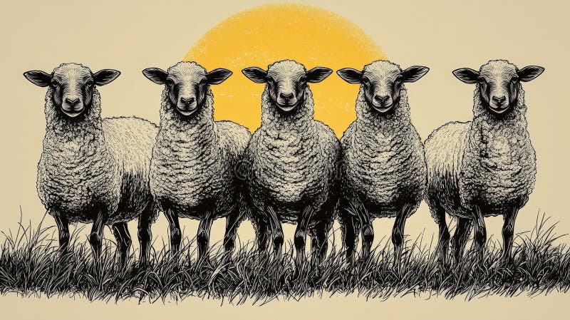 Five Sheep Standing in Grass with Sun Setting in the Background in ...