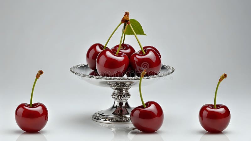Five Shiny Cherries on a Silver Pedestal Stock Image - Image of sweet ...