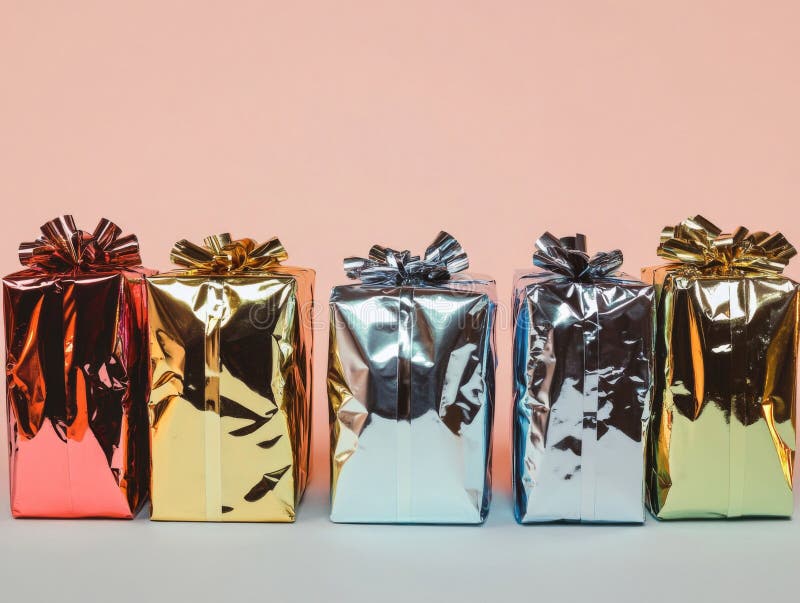 Five Shiny Gift Boxes Arranged in a Row Stock Illustration ...