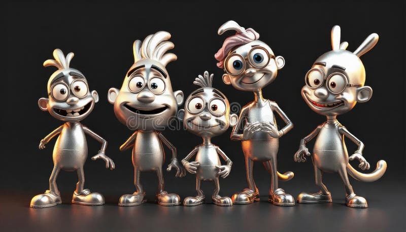 Five Shiny Metallic Cartoon Characters Posing Together a 3D Rendered ...