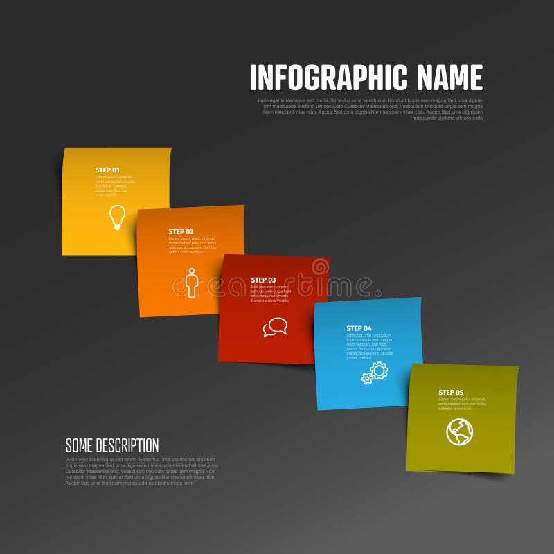 Five Simple Colorful Sticky Paper Steps Process Infographic Template ...