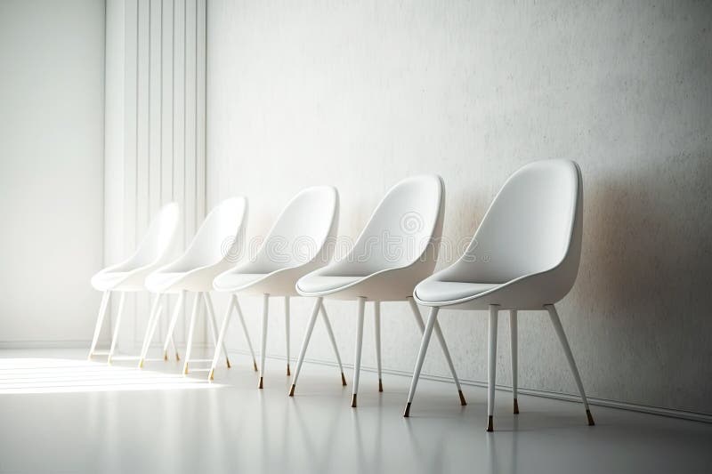 Five Simple Modern Back Chairs in a Row Agains a White Wall Stock ...
