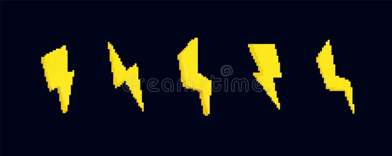 Five Simple Yellow Pixel Lightning Bolts Showing Different Shapes and ...