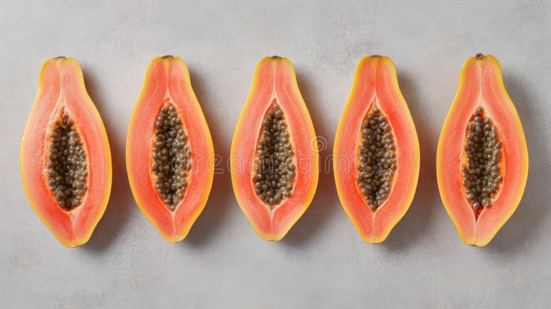 Five Sliced Papaya Fruits on Grey Background Stock Illustration ...