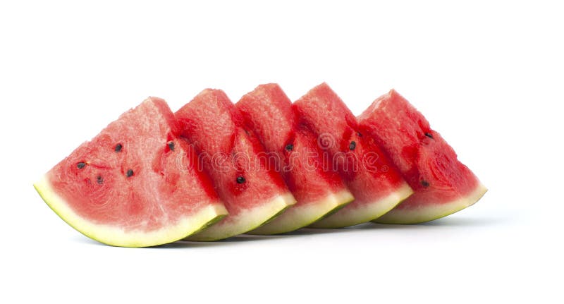 Five Watermelon with a Slice and Leaves on a Bamboo Table. Stock Photo ...