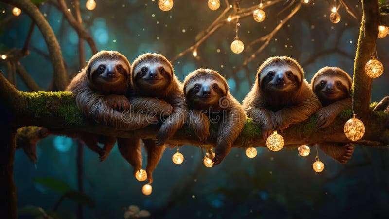 Adorable Sloths on Branch with Festive Lights at Night Stock ...