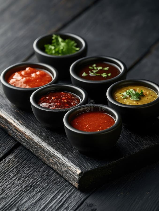 Five small bowls of sauce stock photo. Image of sauces - 376142362