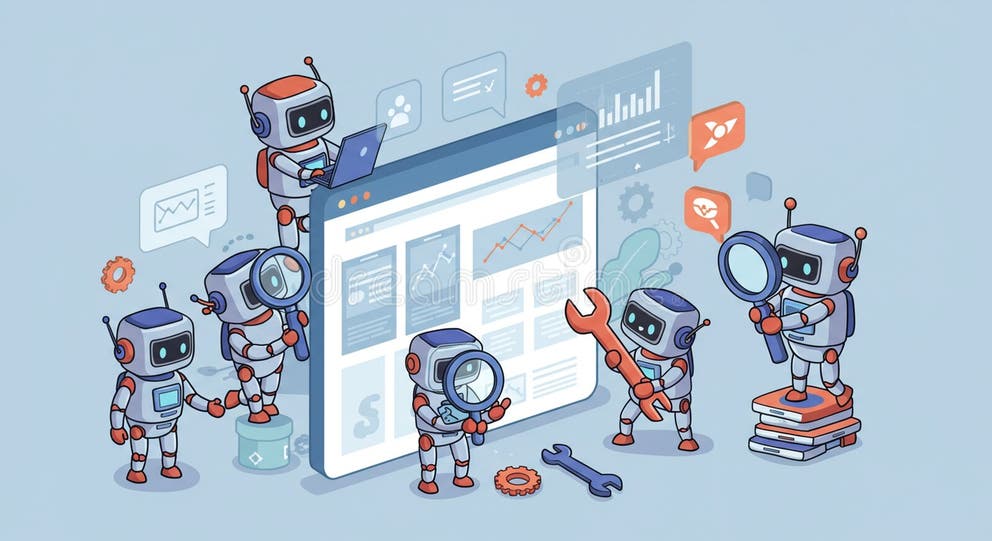 Five Small, Cartoon-style Robots are Depicted Interacting with a Large ...