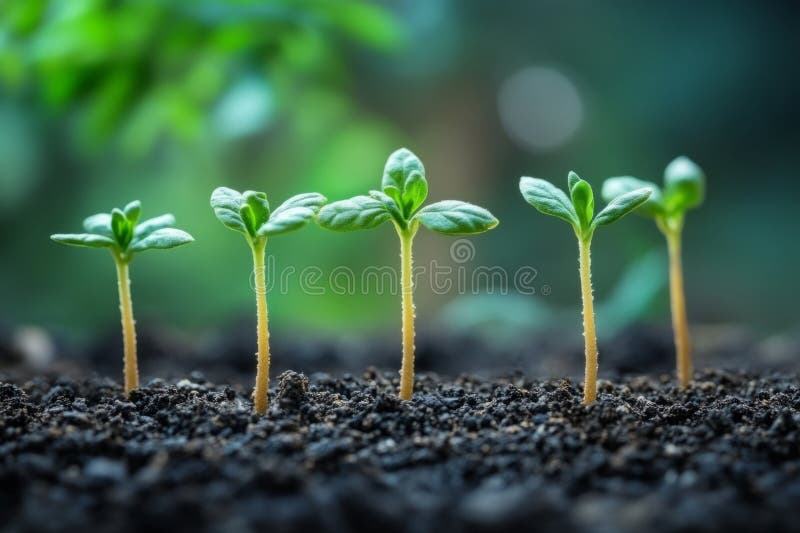 Five Small Seedlings are Growing from Fertile Soil, Symbolizing New ...