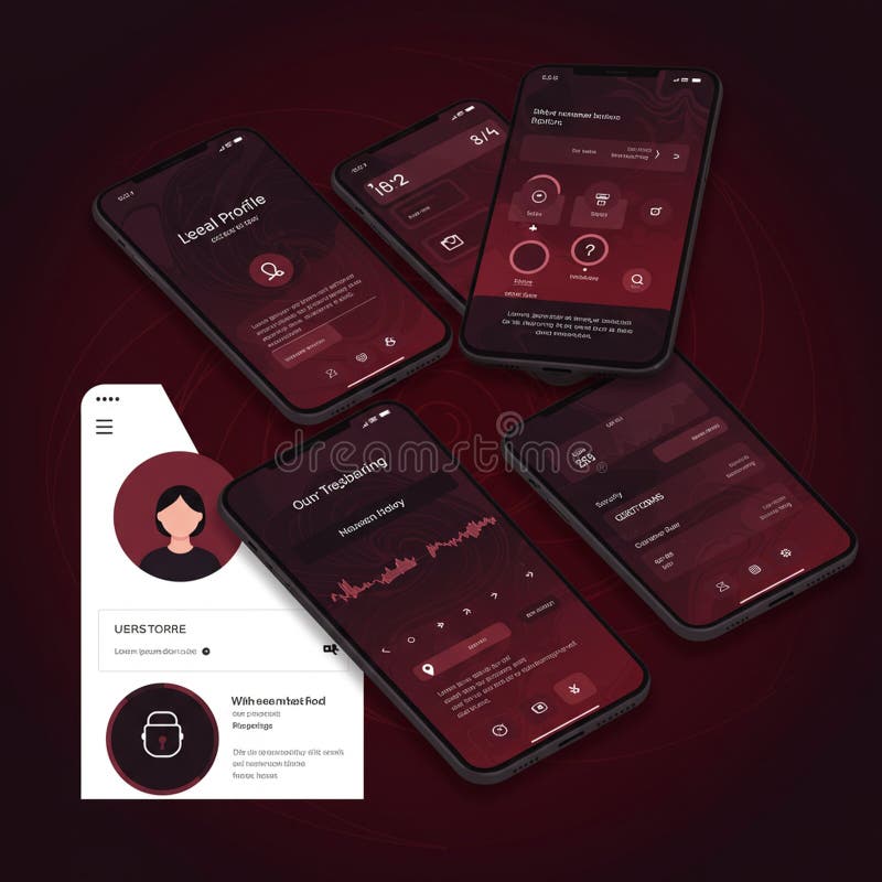 Five Smartphone Screens Display a Dark-themed User Interface with ...
