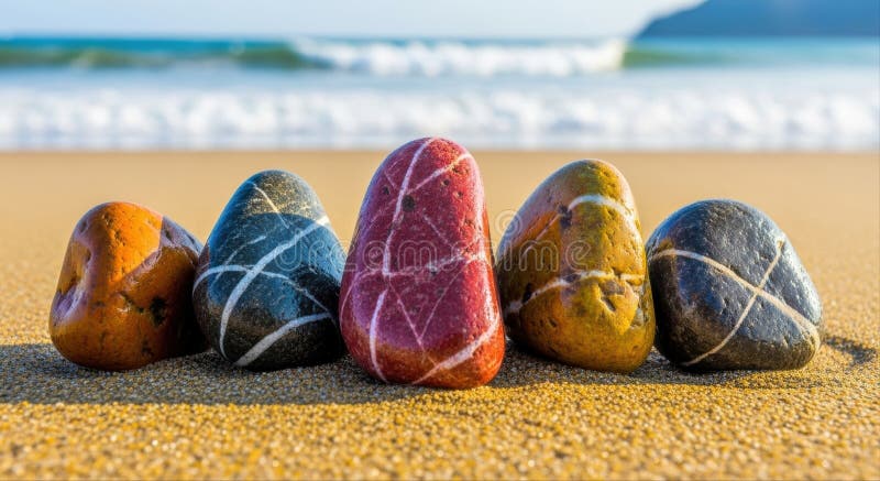 Colorful Pebbles Lined Up on a Golden Sandy Beach with Ocean Waves in ...