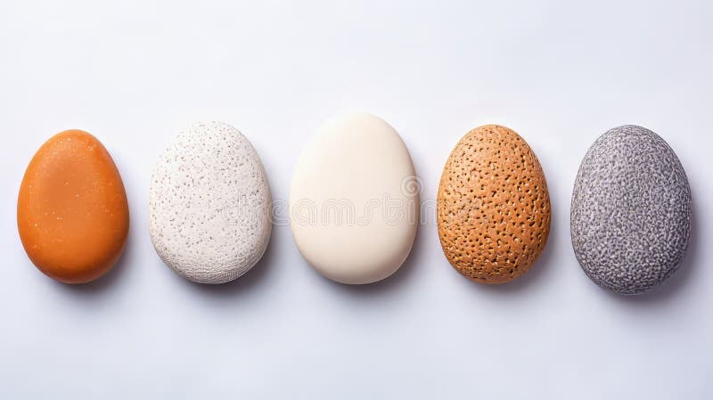 Five Smooth Oval Stones in Various Natural Colors, Lined Up on White ...