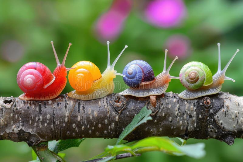 Five Snails, Each with a Different Colored Shell, Crawl Along a Tree ...