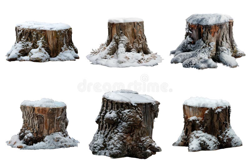 Five Snow-Covered Tree Stumps Isolated on Transparent Background Stock ...