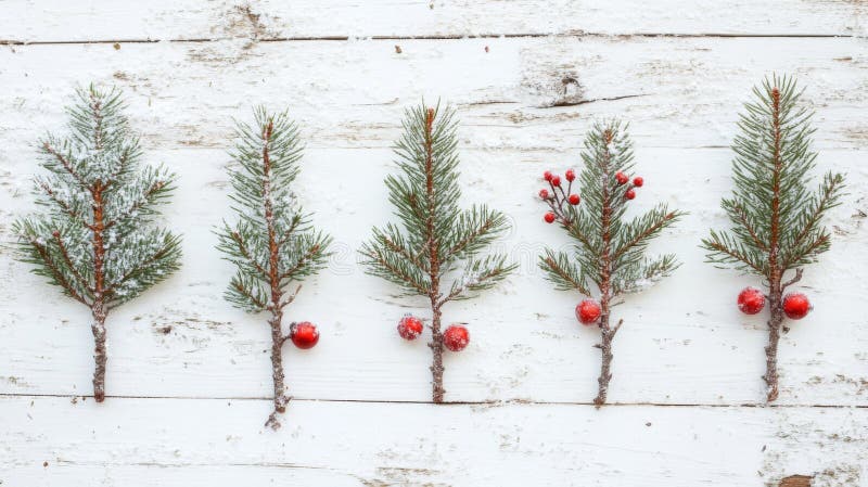Five Snowy Evergreen Branches with Red Berries on White Wooden ...