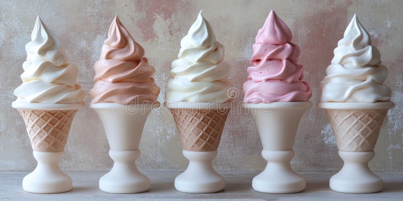 Five Soft Serve Ice Cream Cones Standing on Elegant Pedestals ...
