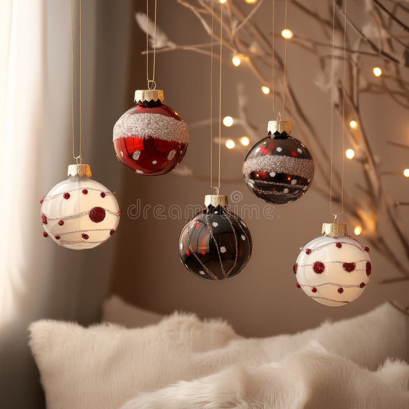 Five Sparkling Ornaments Dangle from a Festive Tree, Illuminated by ...
