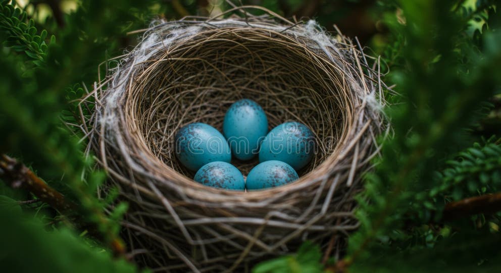 Five Speckled Blue Bird Eggs in a Nest Stock Illustration ...