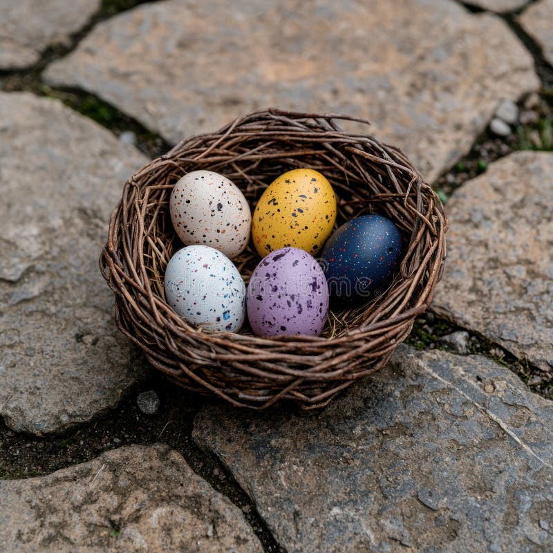 Five Speckled Easter Eggs in a Bird S Nest Stock Illustration - Illustration of texture, festive ...