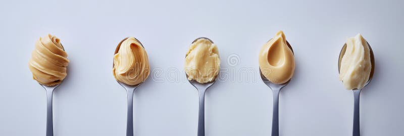 Five Spoons of Various Types of Butter Arranged on White Background ...