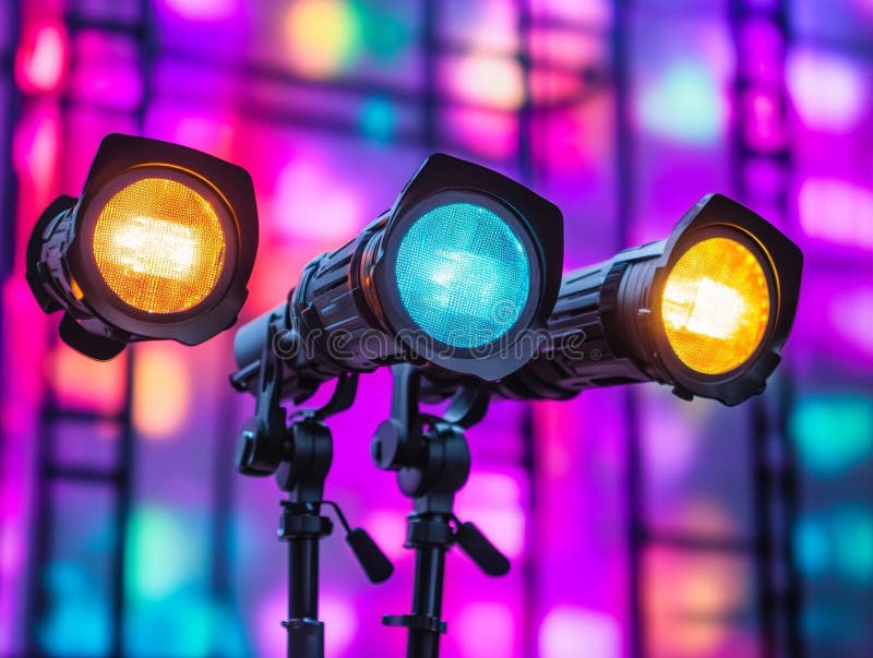 Five Spotlights Illuminate Colorful Backdrop of Blurred Lights - Ai ...