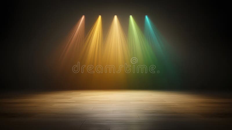 Five Spotlights Illuminate a Dark Background, Dramatic Play of Light ...