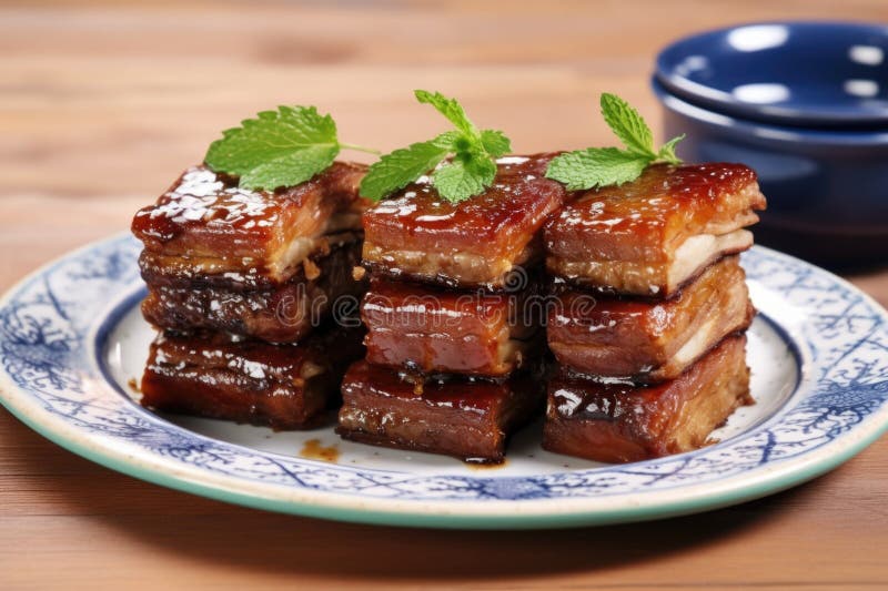 Five Stacked Glazed Pork Ribs on a Porcelain Platter Stock Image ...
