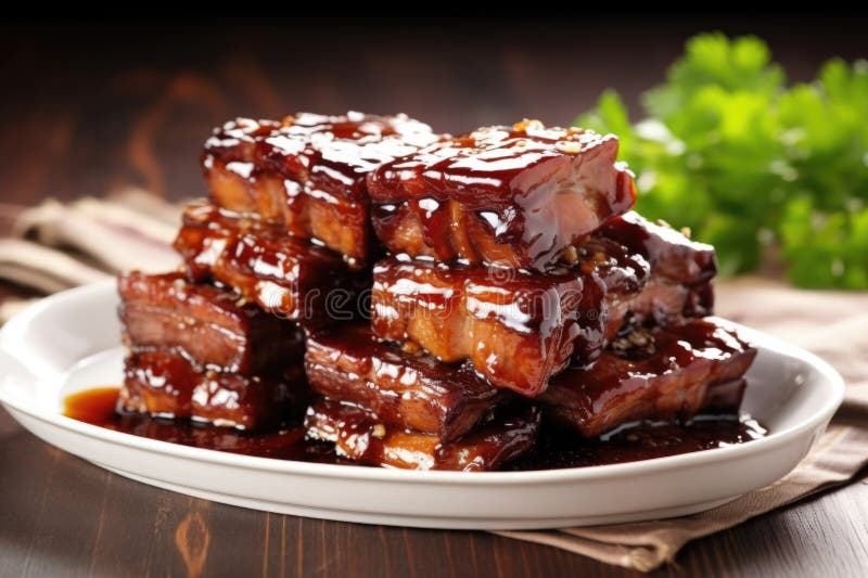 Five Stacked Glazed Pork Ribs on a Porcelain Platter Stock Image ...