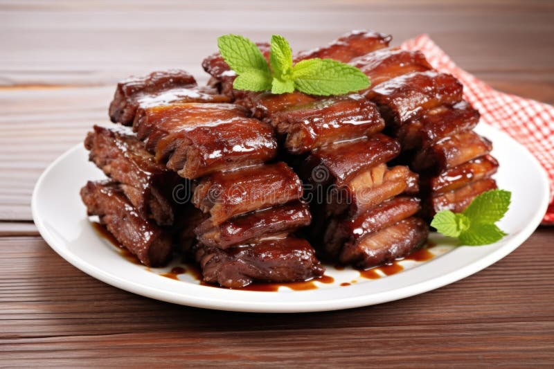 Five Stacked Glazed Pork Ribs on a Porcelain Platter Stock Photo ...
