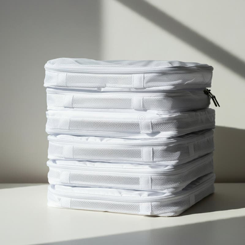 Five Stacked, White Packing Cubes with Zippers. Made from Mesh and Fabric, they are Stock ...