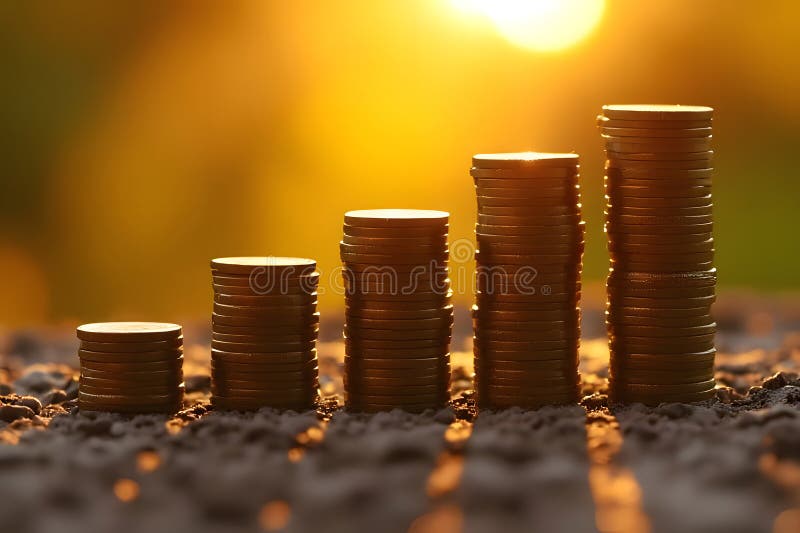 Five Stacks of Coins Stacked High Stock Image - Image of column ...