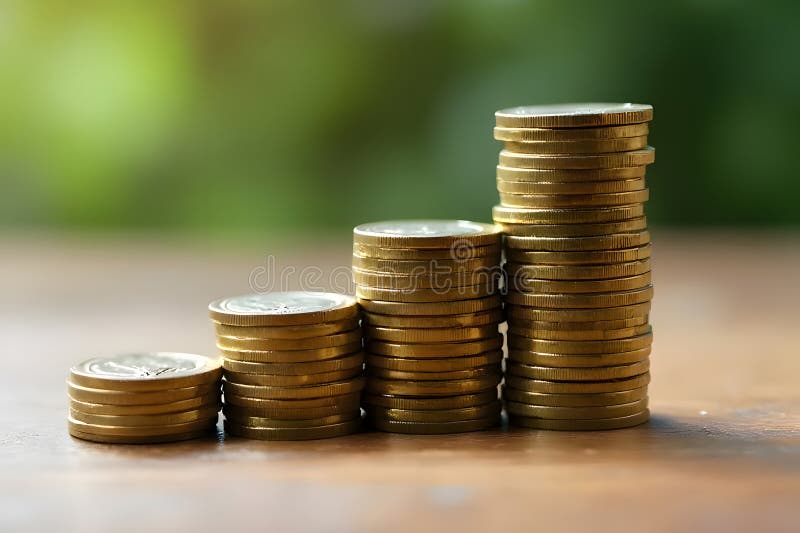 Five Stacks of Coins Stacked High Stock Photo - Image of heap, business ...