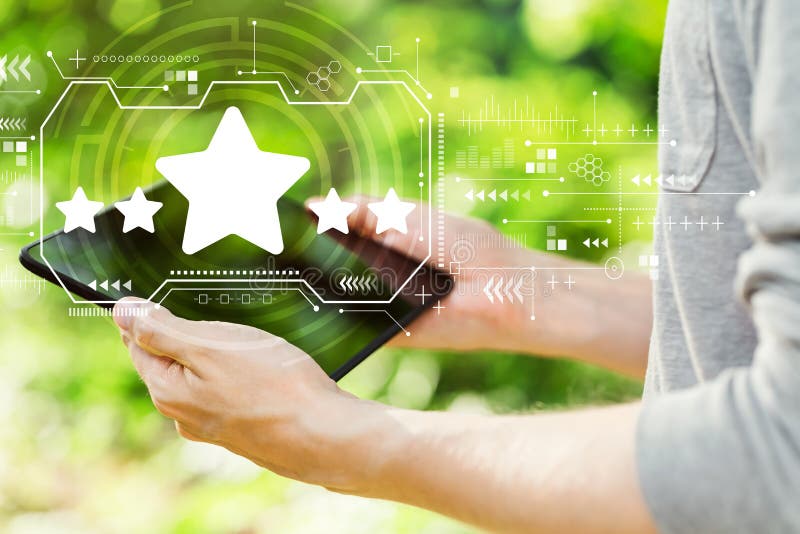 Five Star Rating with Man Holding His Tablet Stock Photo - Image of ...