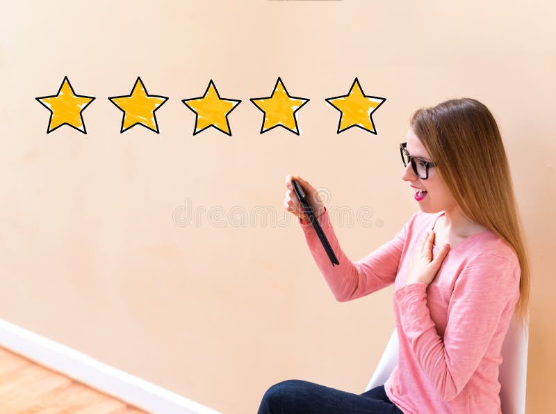 Five Star Rating with Woman Using a Tablet Stock Image - Image of ...