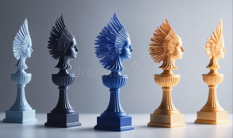Five Statues of Women with Elaborate Headpieces are Arranged in a Row ...