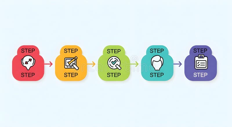 Five Step Process Flowchart with Icons Representing Different Stages of ...