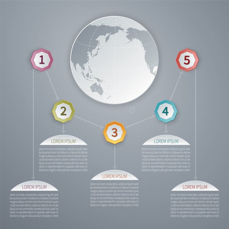 Five Steps Vector 3D Infographic Template with World Map. Stock ...
