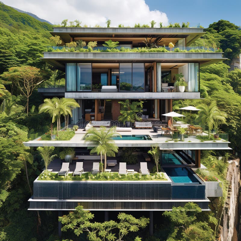 A Five Story House Built into the Side of a Lush Green Mountain with a ...